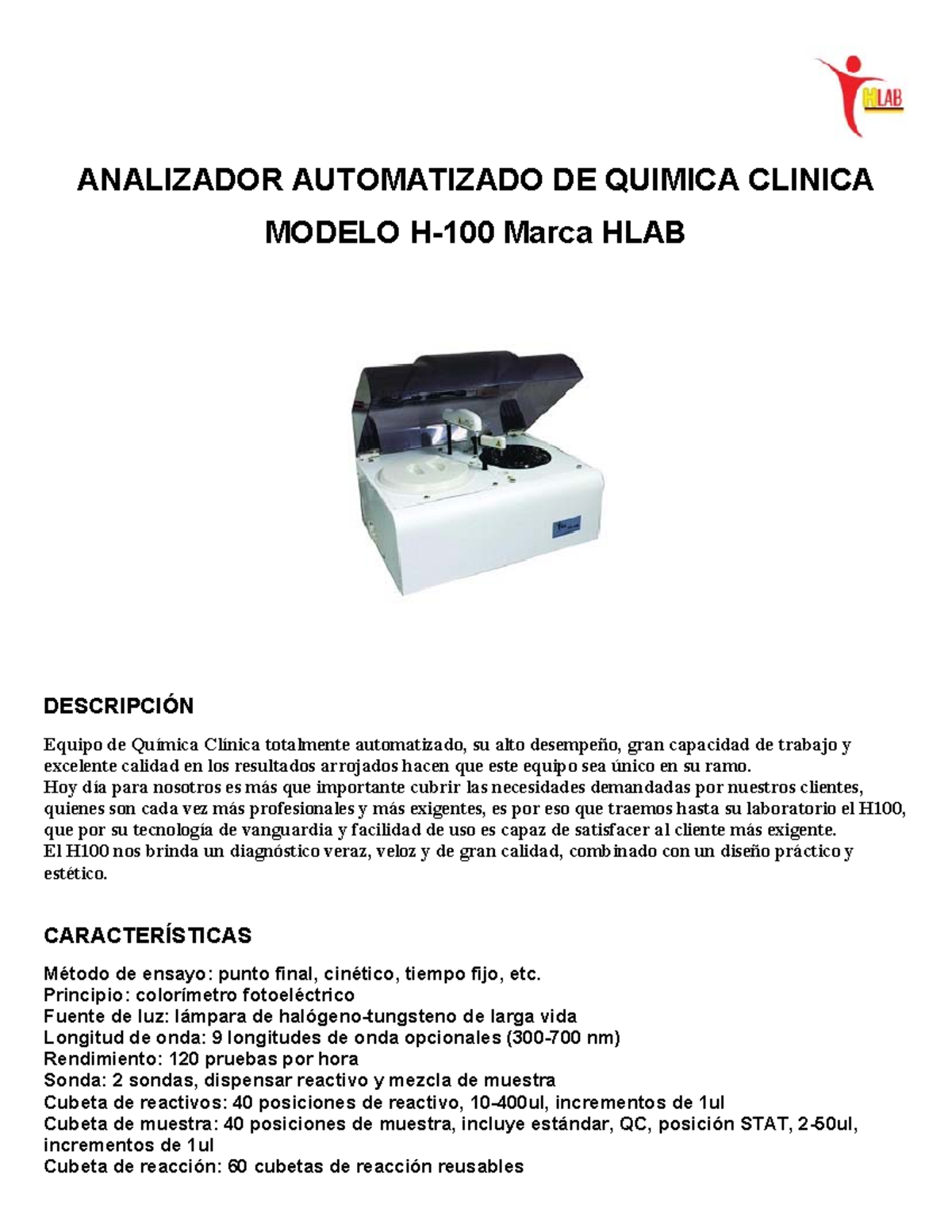 Catalogo 1291 - ANALIZADOR AUTOMATIZADO DE QUIMICA CLINICA MODELO H-100 ...