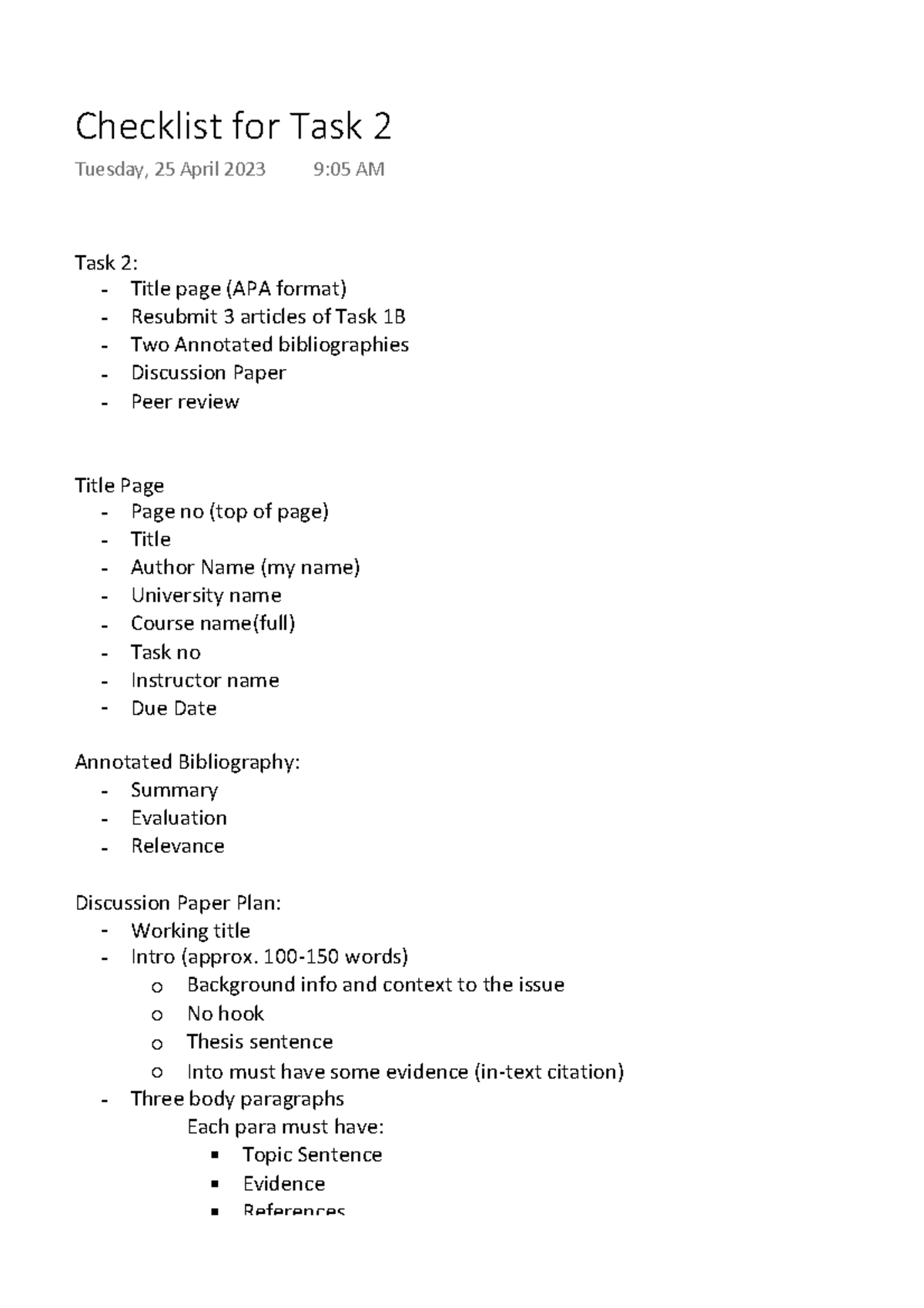 Checklist for Task 2 - Task 2: Title page (APA format) Resubmit 3 ...