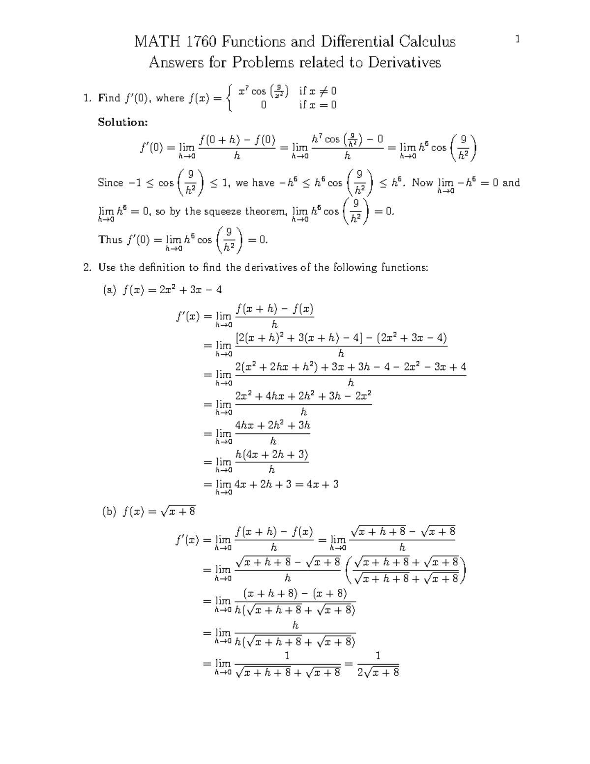 Derivative Practice Solutions - Math 1760 Functions And Differential