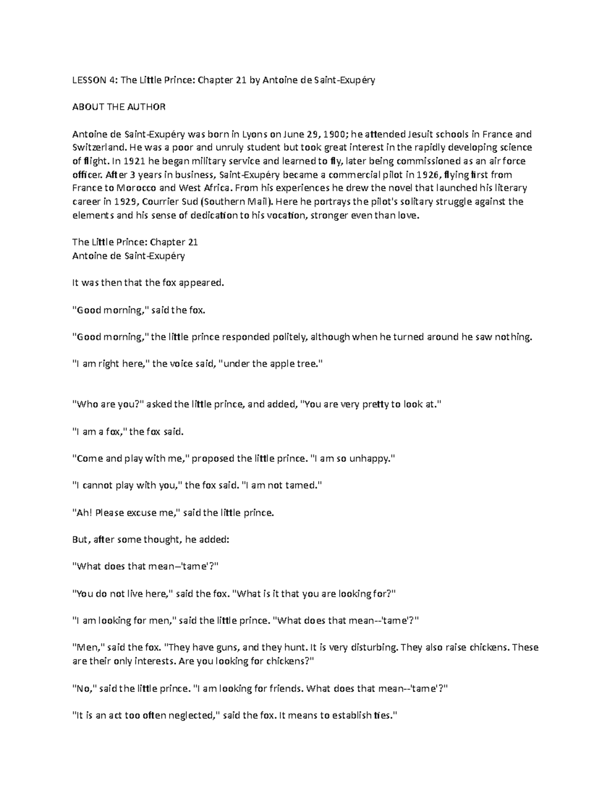 Lesson 4 The Little Prince - LESSON 4: The Little Prince: Chapter 21 by ...