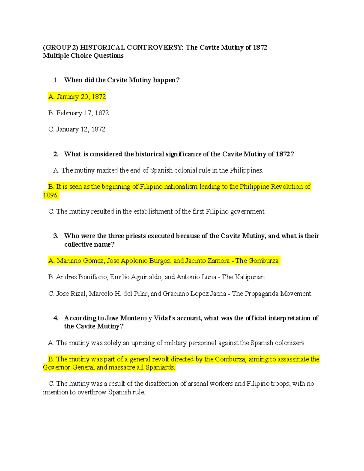 Group 2 Cavite Mutiny Questions - (GROUP 2) HISTORICAL CONTROVERSY: The ...