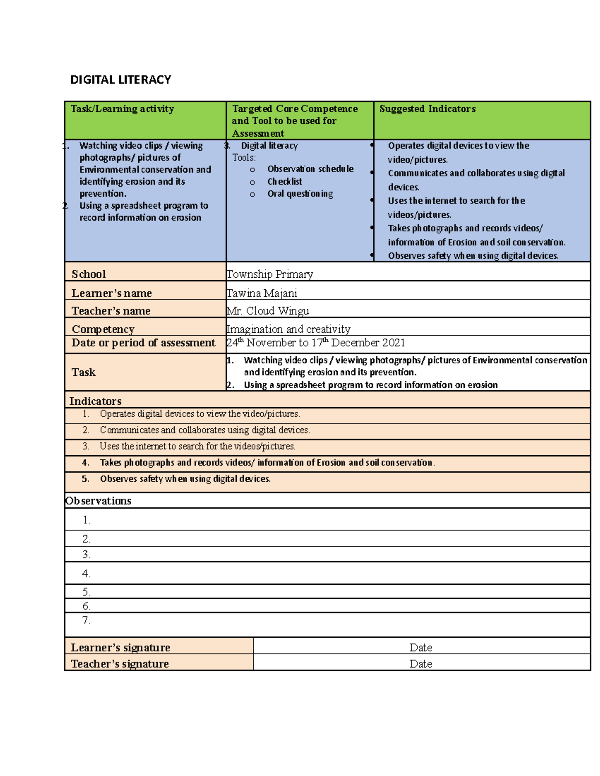 Tool for assessing Digital Literacy - DIGITAL LITERACY Task/Learning ...