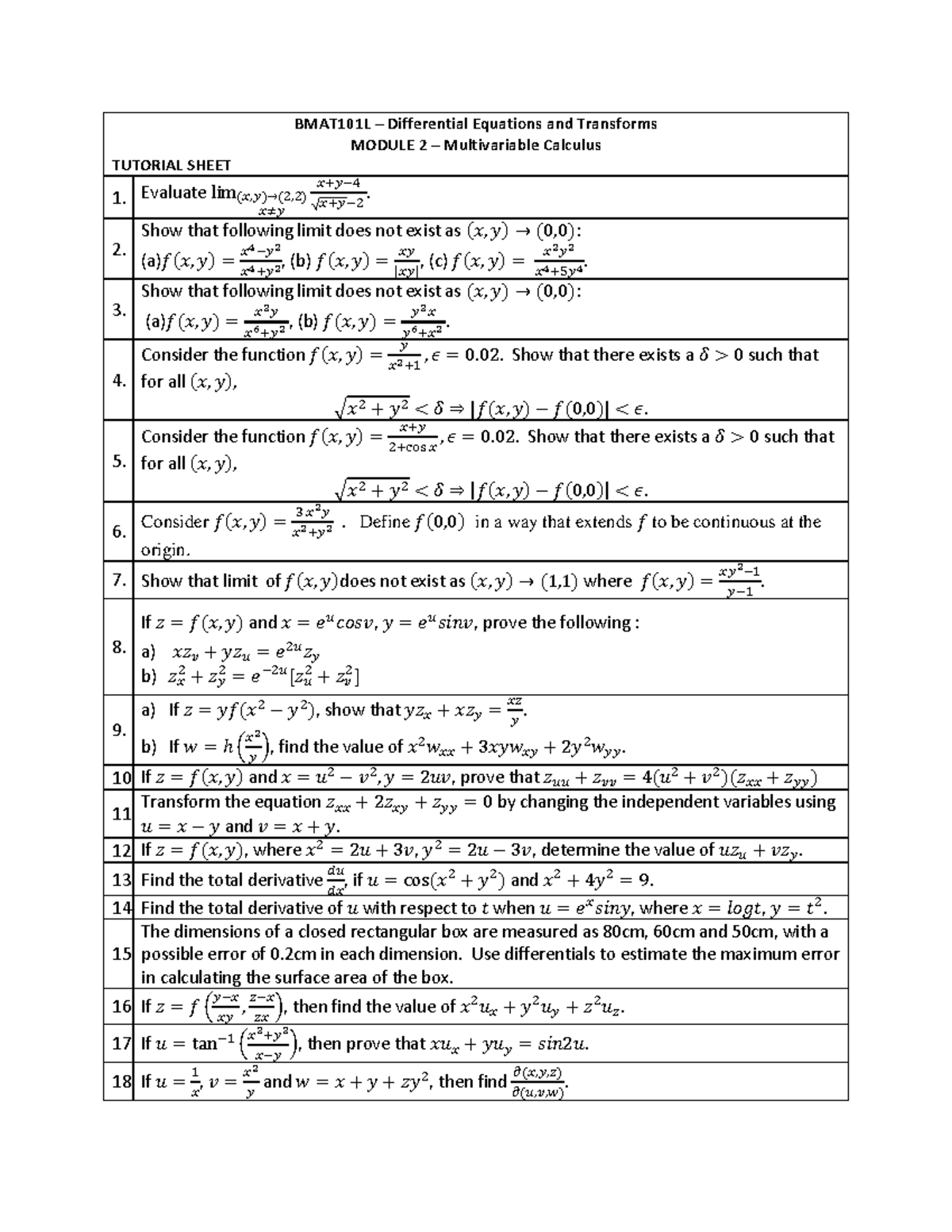 BMAT101L Tutorial Sheet Module 2 - BMAT101L – Differential Equations and Transforms MODULE 2 ...