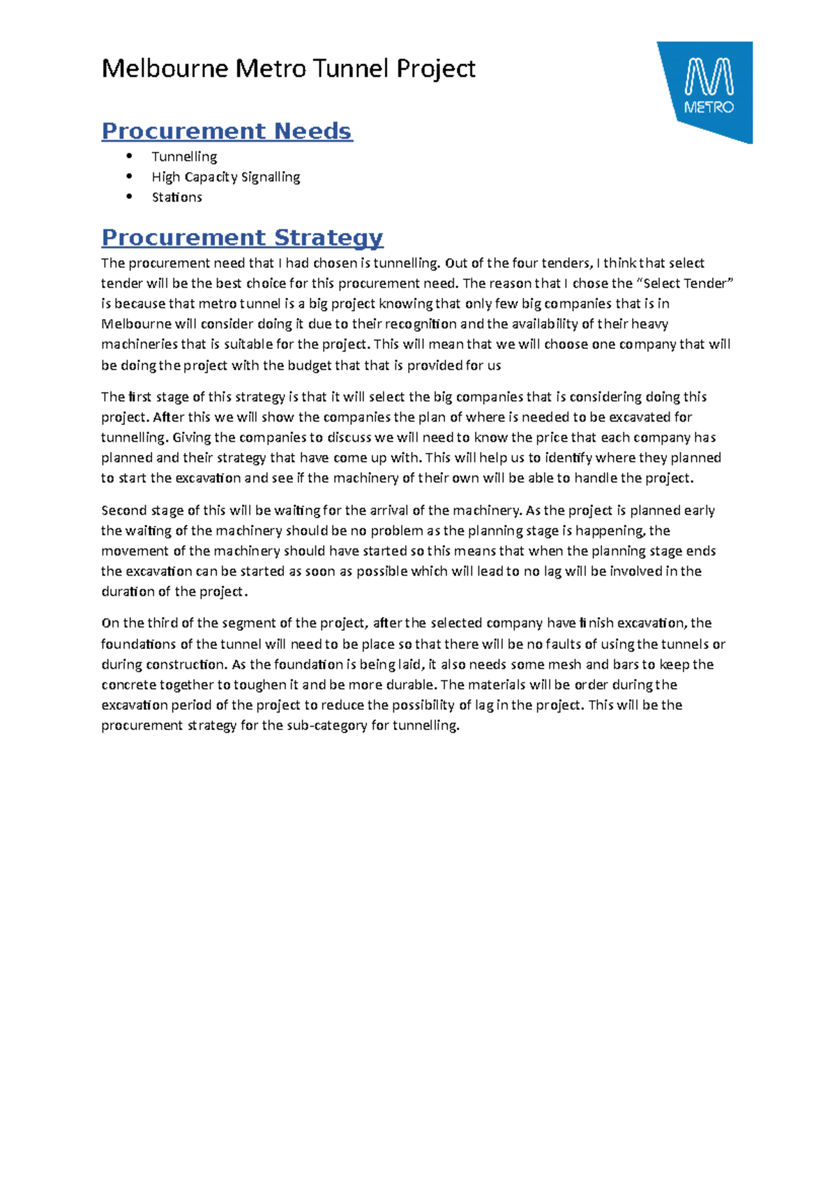 PAssignment 1 2019-2020 Construction Processes RMIT - Melbourne Metro ...