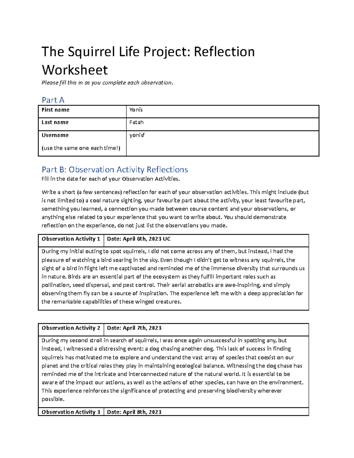 Squirrel Life Project Reflection Worksheet W23 Yonis Fatah - The ...