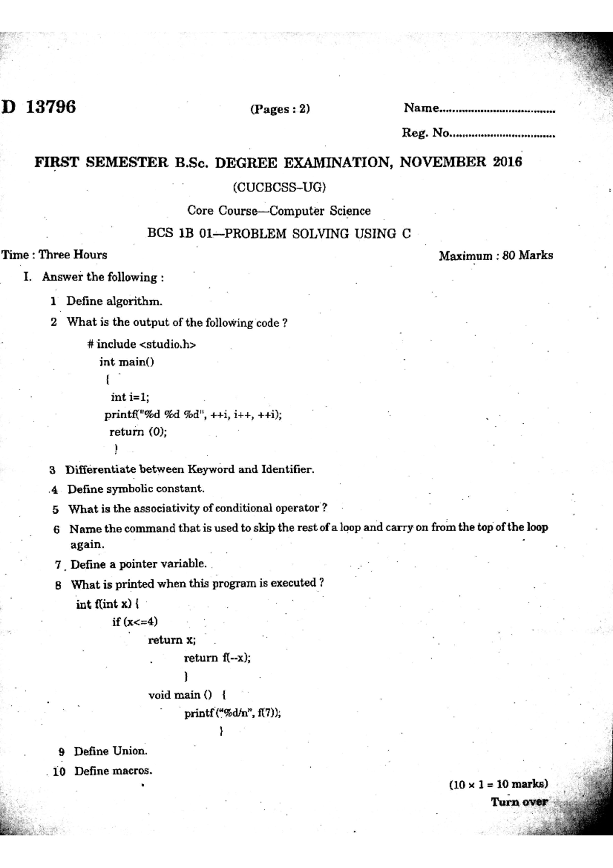 C program cs nov 2016 - Practice material - Bachelor's of computer Application (BCA) - Studocu