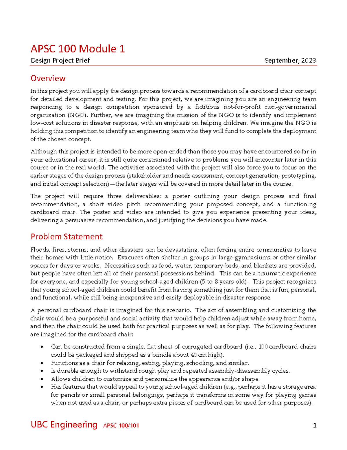 APSC 100 - Module 1 Design Brief - APSC 100 Module 1 Design Project ...