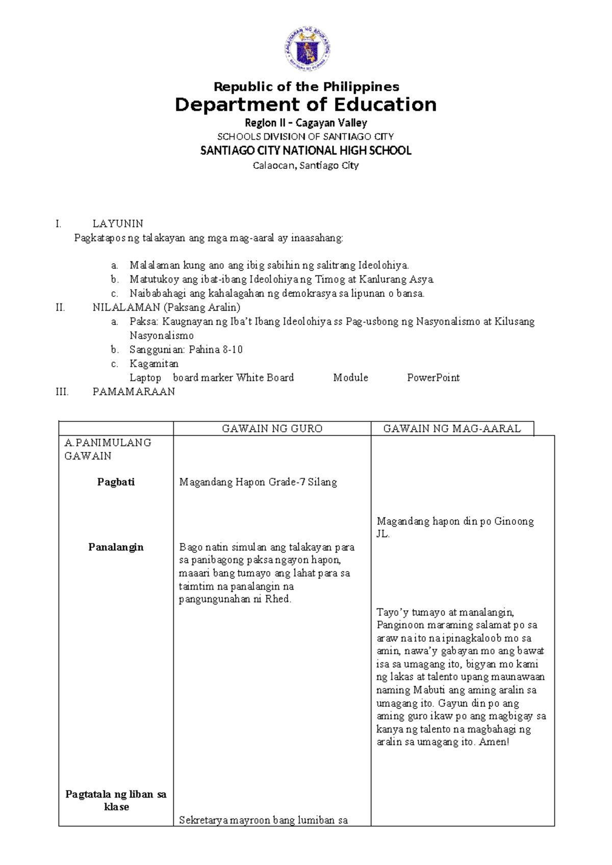 DLP 4TH Grading 1ST - SAMPLE - Republic of the Philippines Department ...