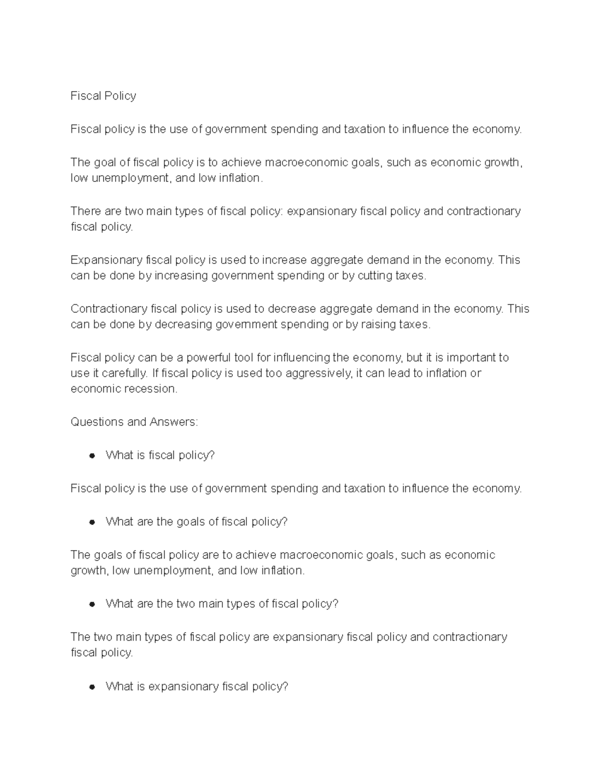 Lecture note for Economy 311, Lecture 5 - Fiscal Policy Fiscal policy ...