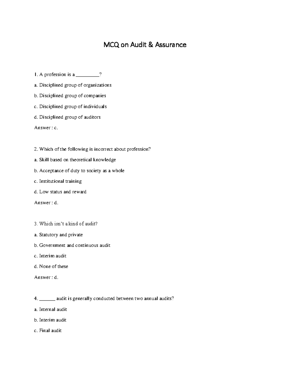 MCQ-on-Audit - The solution of assignments given in class by course tutor. - MCQ on Audit ...