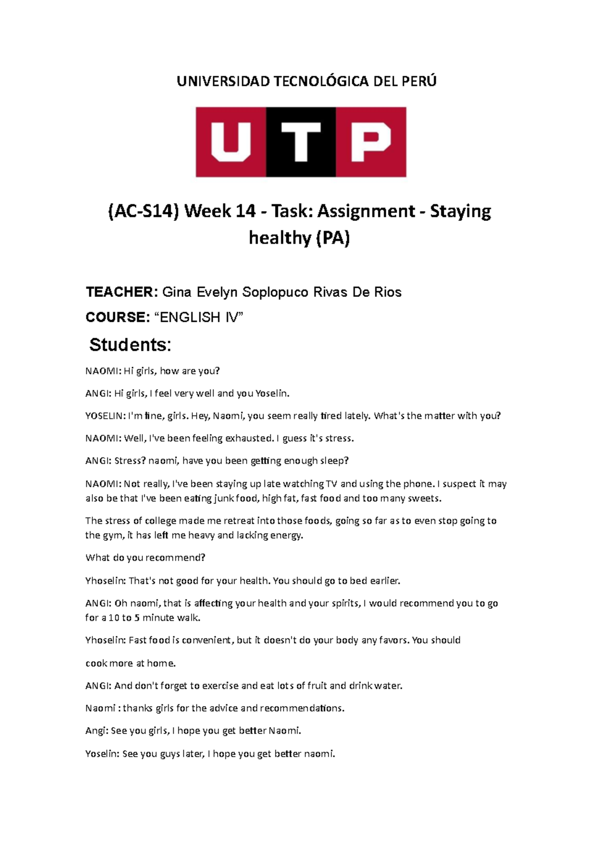 (AC-S14) Week 14 OK - (AC-S14) Week 14 - Task: Assignment - Staying healthy (PA) - UNIVERSIDAD ...