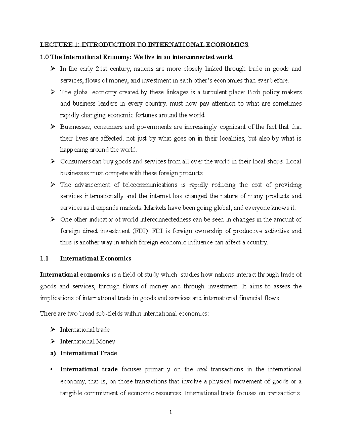 Lecture 1 Introduction to International Economics - LECTURE 1 ...