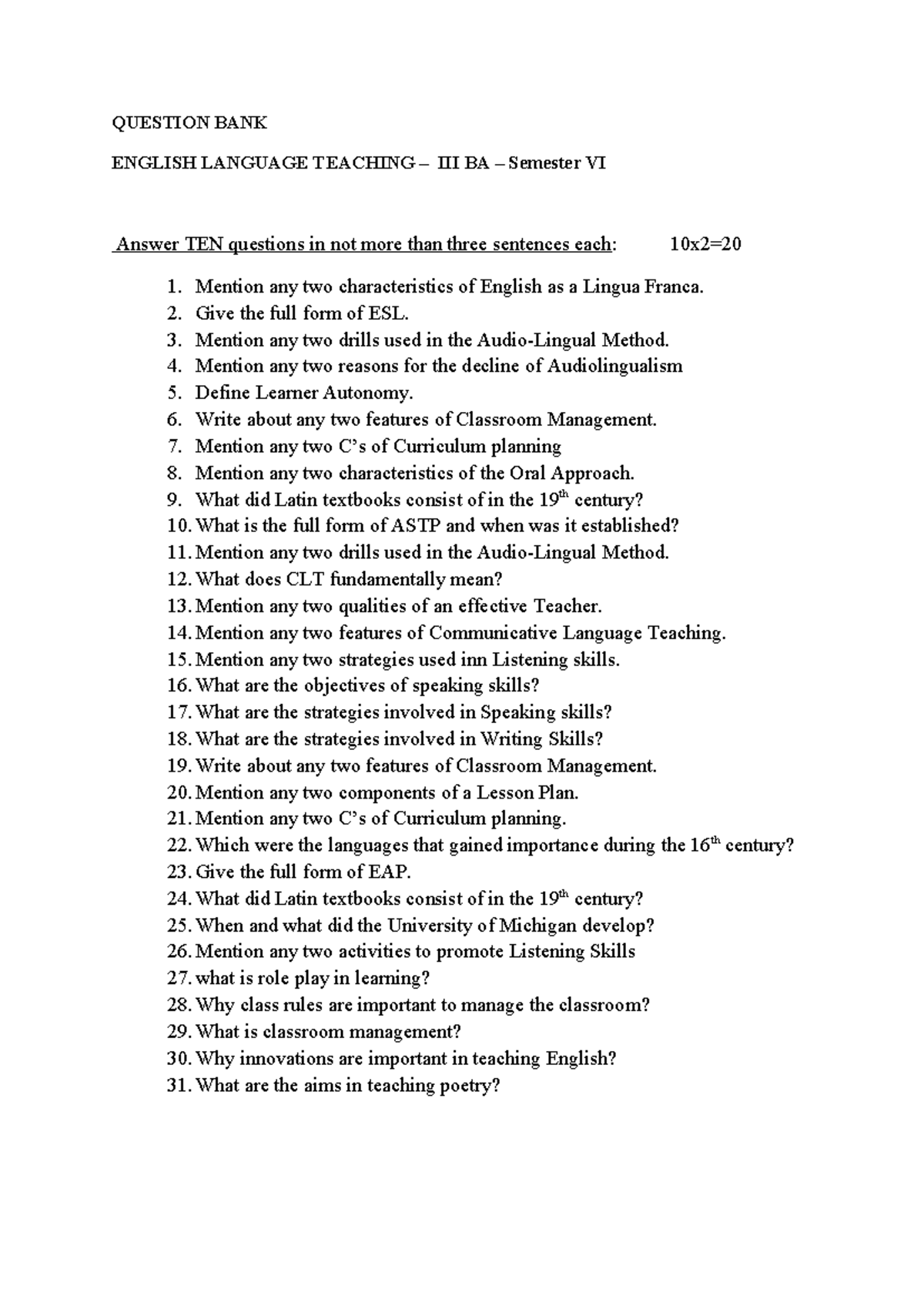 ELT - Question BANK - Summary Bachelors in Arts - QUESTION BANK ENGLISH ...