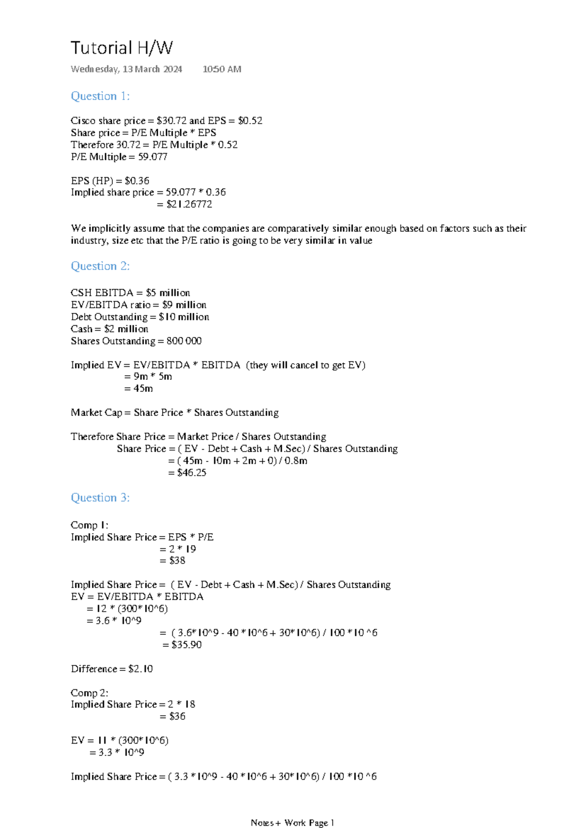 1140HW5 - Homework - Question 1: Cisco share price = $30 and EPS = $0 ...