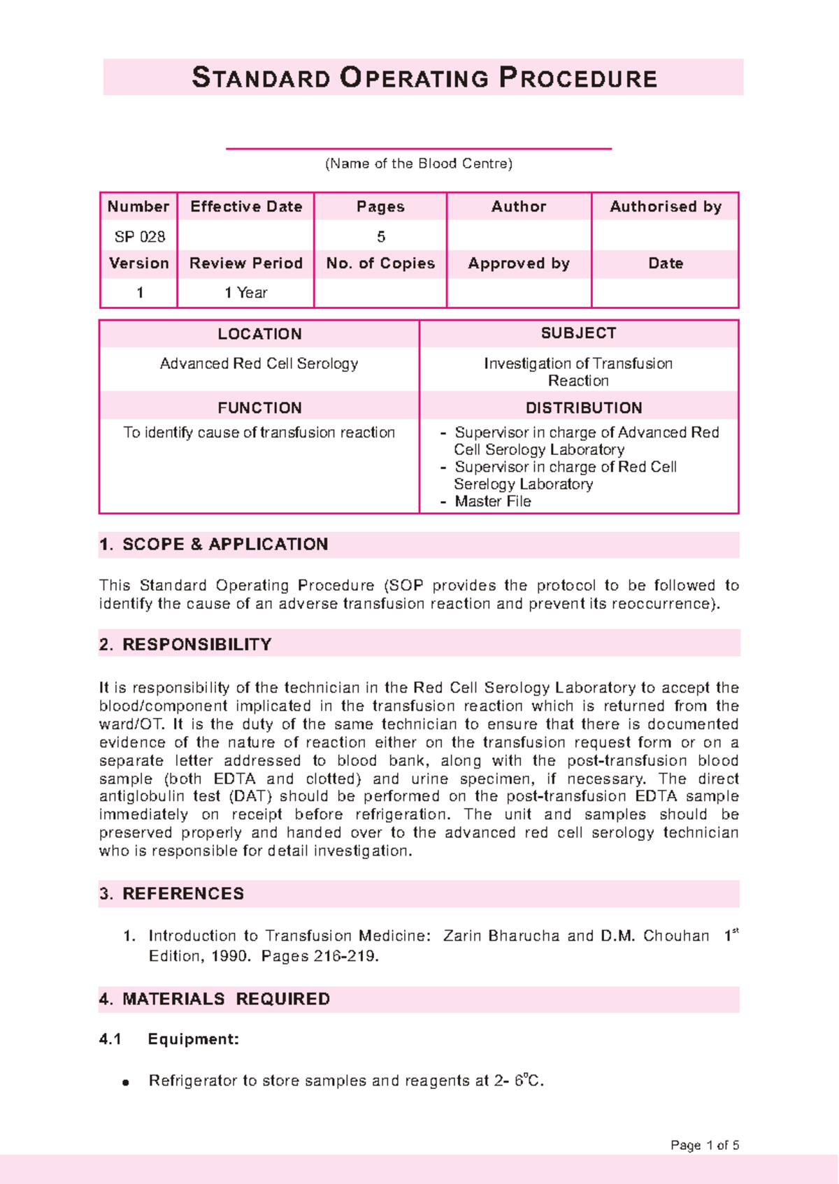 Pre transfusion test - STANDARD OPERATING PROCEDURE Authorised by (Name ...