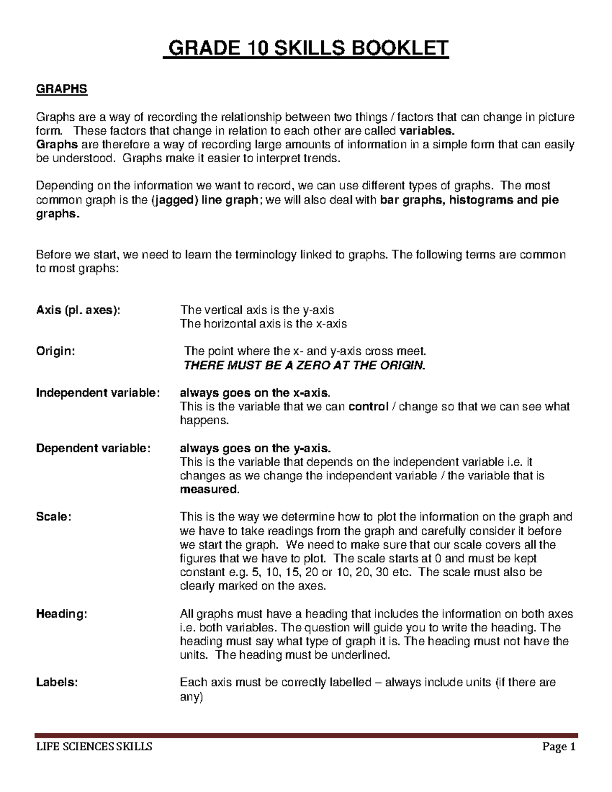 LS Skills Booklet - It’s vital - GRADE 10 SKILLS BOOKLET GRAPHS Graphs ...
