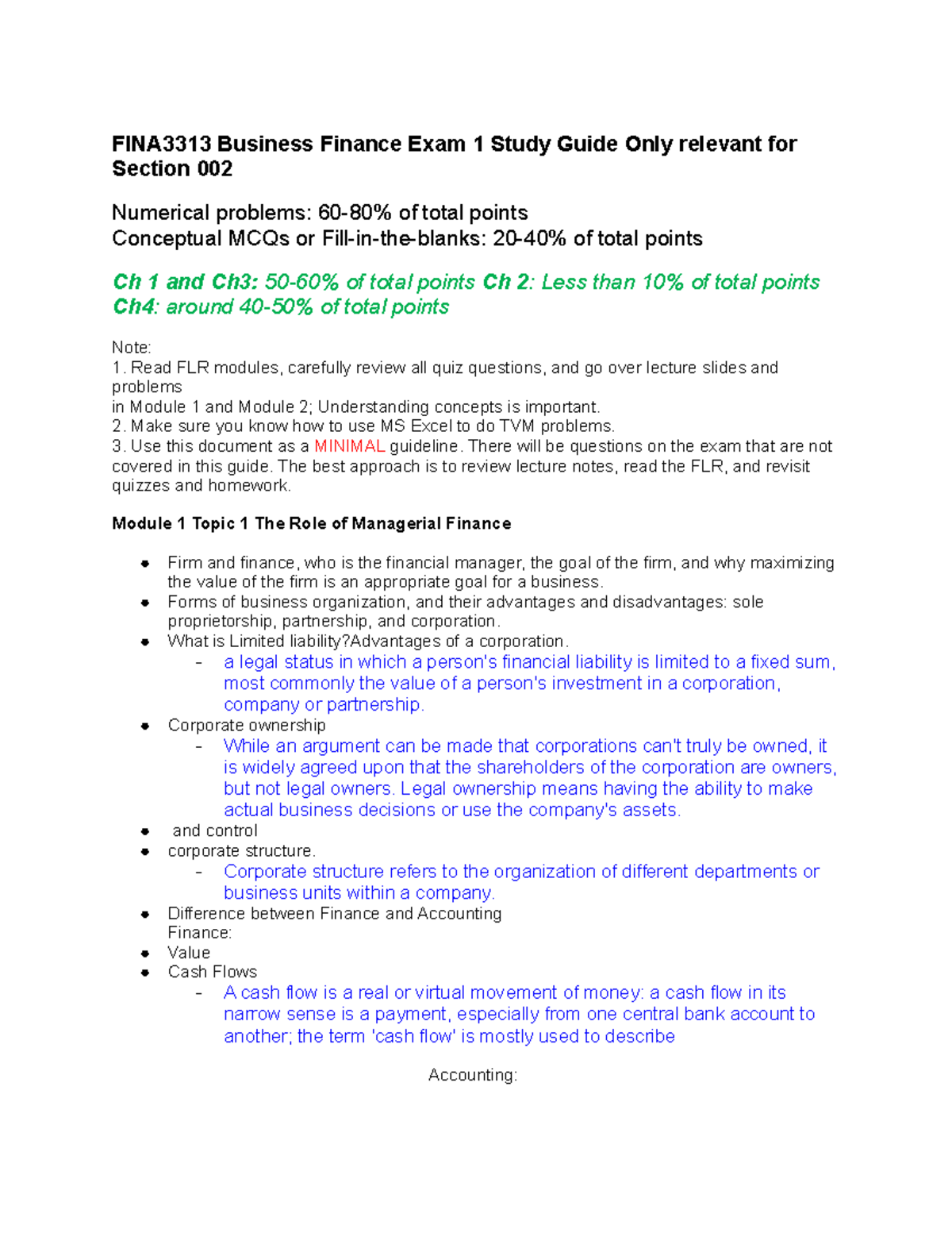 FINA3313 Business Finance Exam 1 Study Guide Only relevant for Section ...