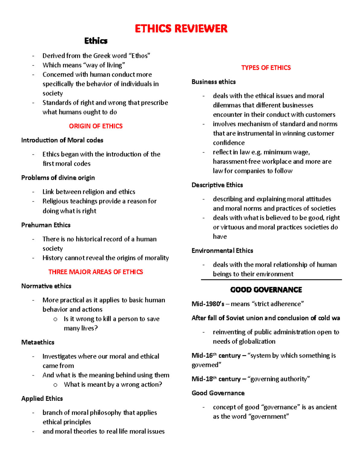 Notes Ethics- FROM CH1-CH3 - Ethics Derived from the Greek word “Ethos ...