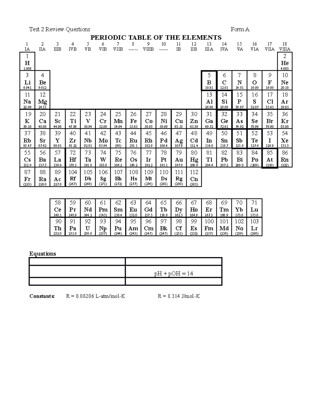 Test 2 Review Questions (with answers) - PERIODIC TABLE OF THE ELEMENTS ...
