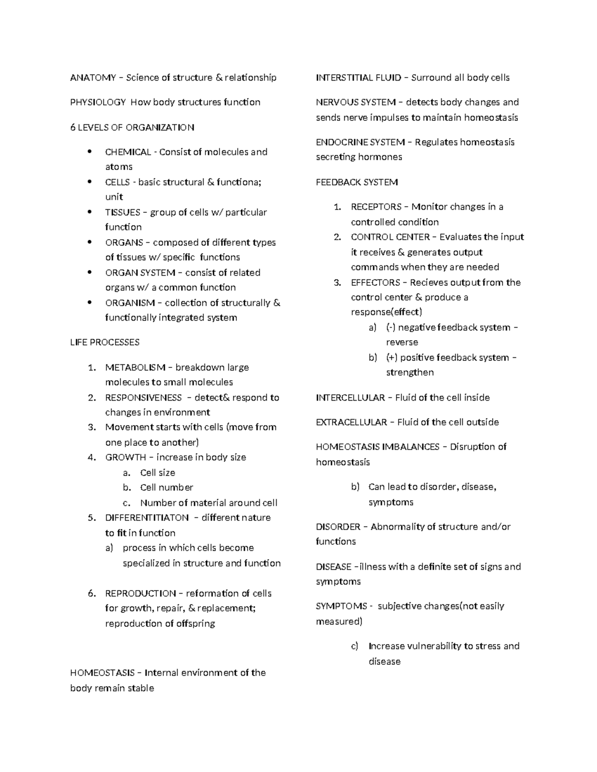 Anaphy Notes - ANATOMY – Science of structure & relationship PHYSIOLOGY ...