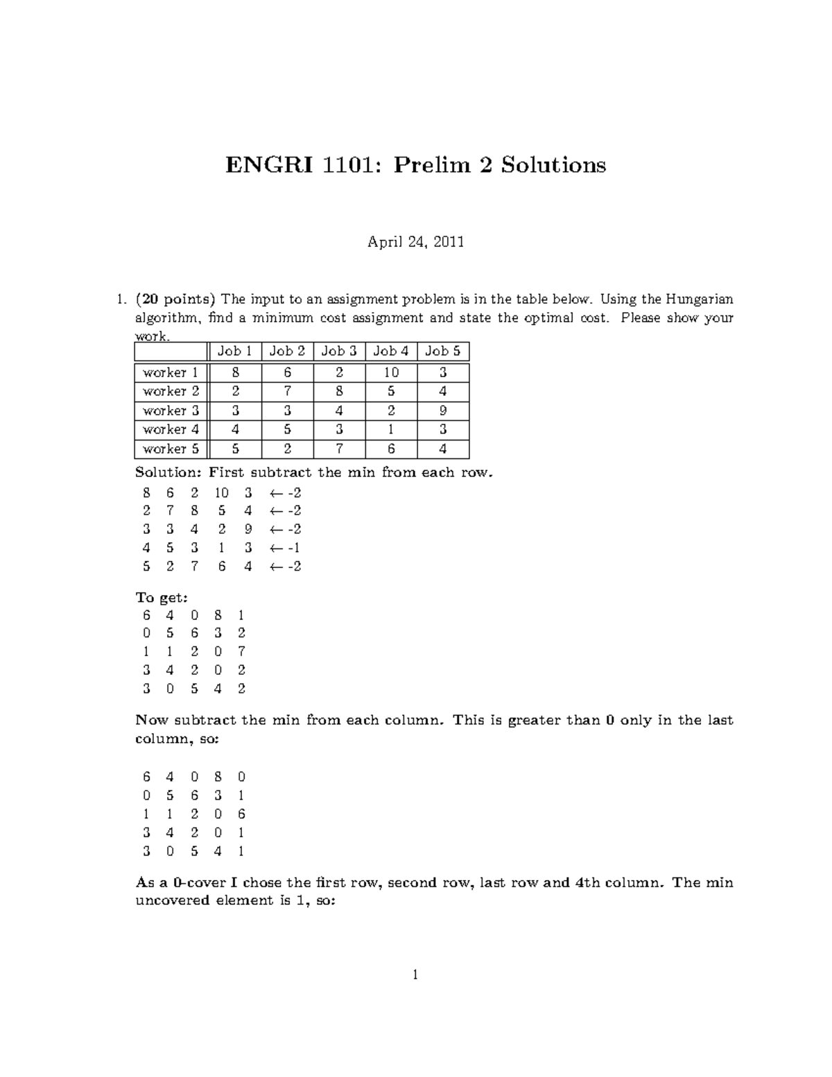 Prelim 2 Solutions Spring 2011 - ENGRI 1101: Prelim 2 Solutions April ...