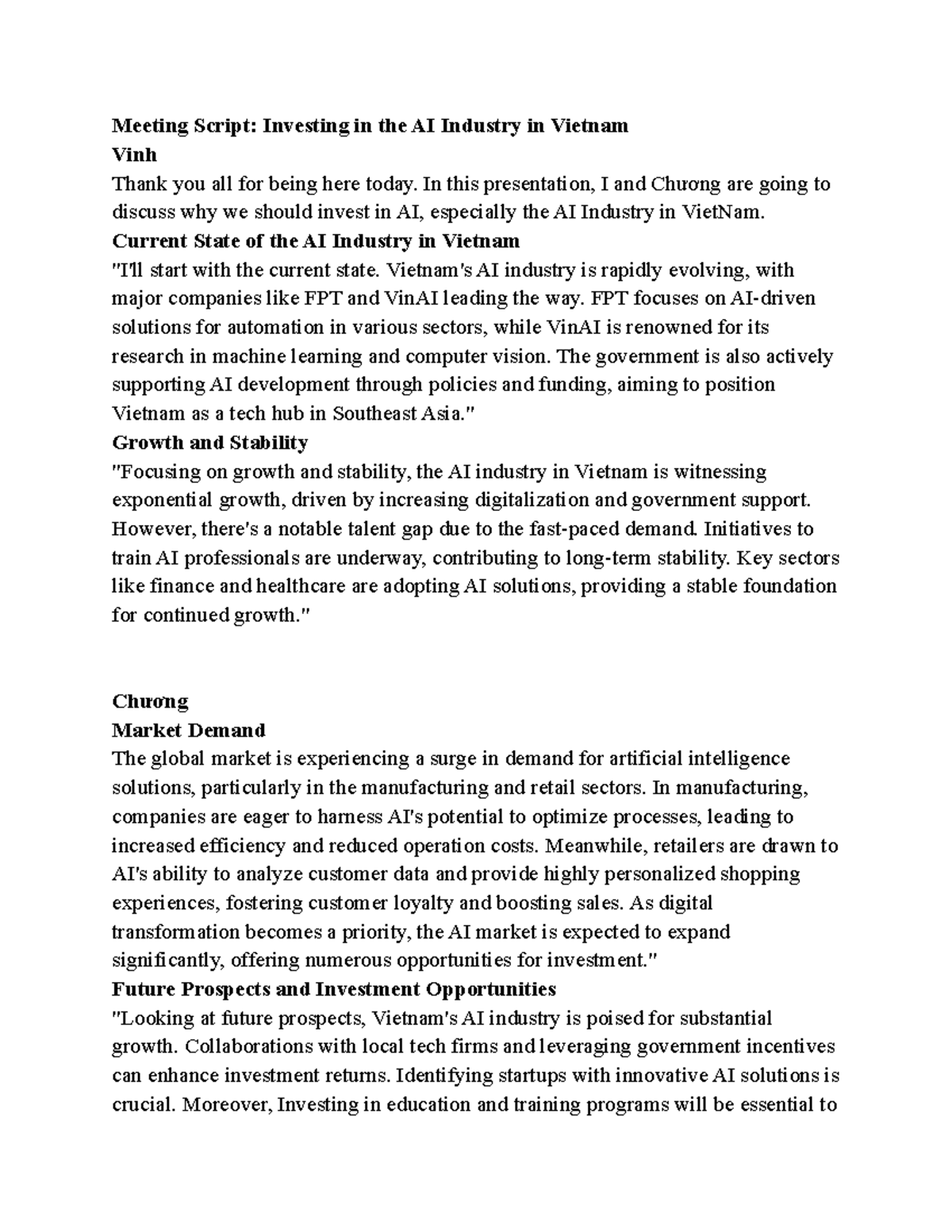 Meeting Script AI - 123 - Meeting Script: Investing in the AI Industry ...