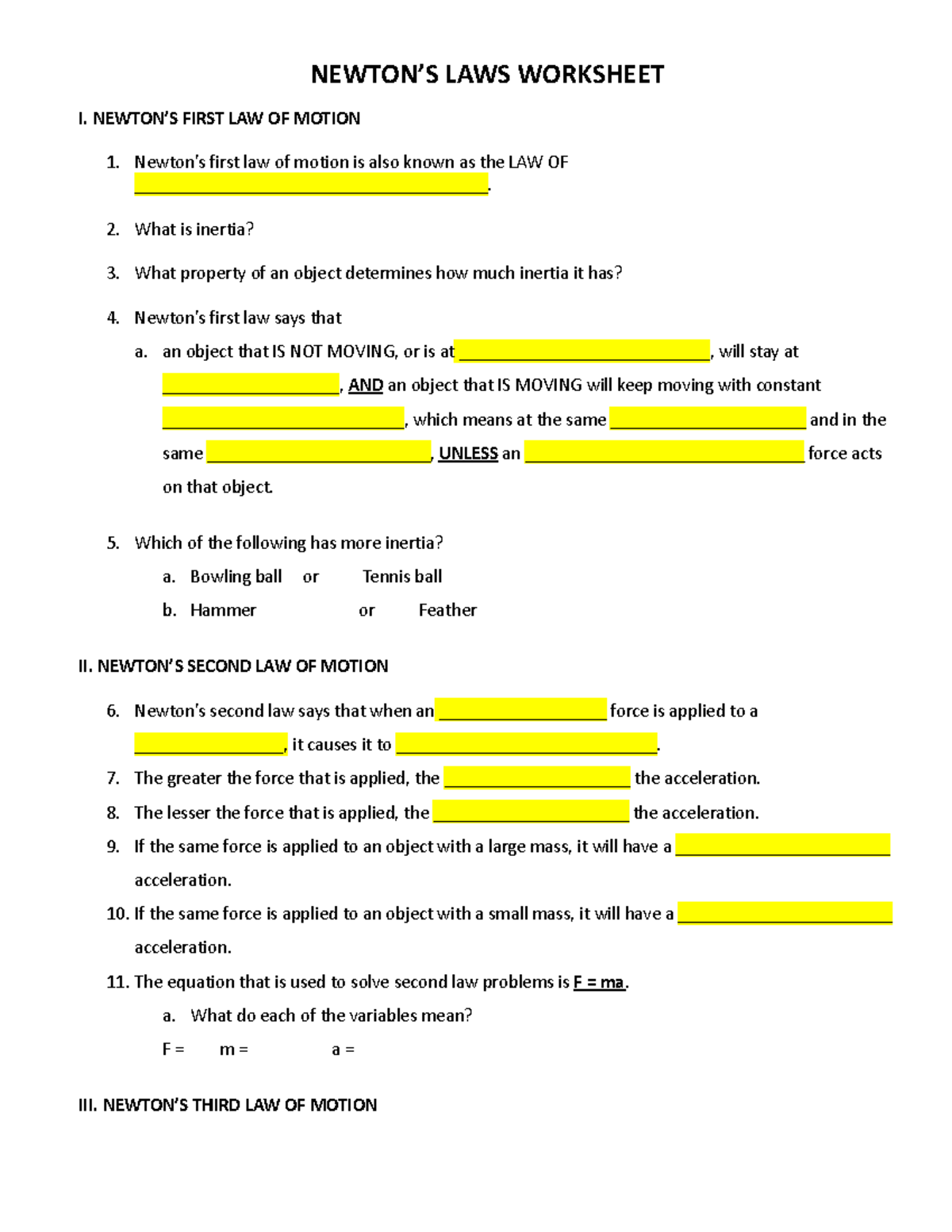 Newtons Laws Notes - NEWTON’S LAWS WORKSHEET I. NEWTON’S FIRST LAW OF ...