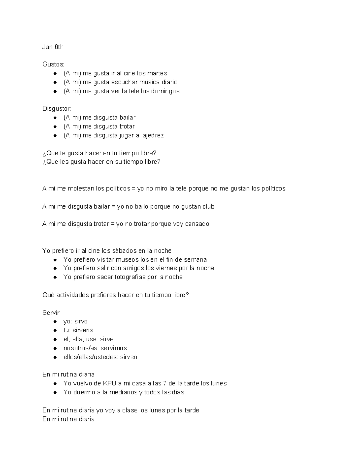 Spanish 1101 Notes - Jan 6th Gustos: (A mi) me gusta ir al cine los ...