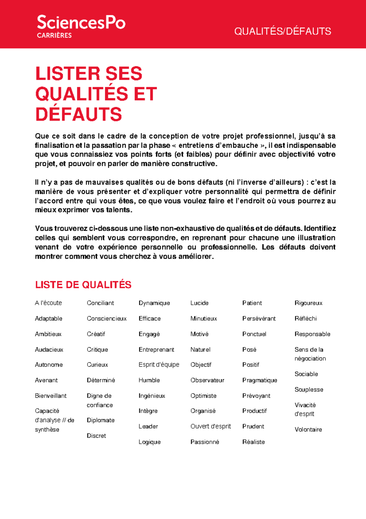 Liste des qualités défauts - QUALITÉS/DÉFAUTS LISTER SES QUALITÉS ET DÉFAUTS Que ce soit dans le ...