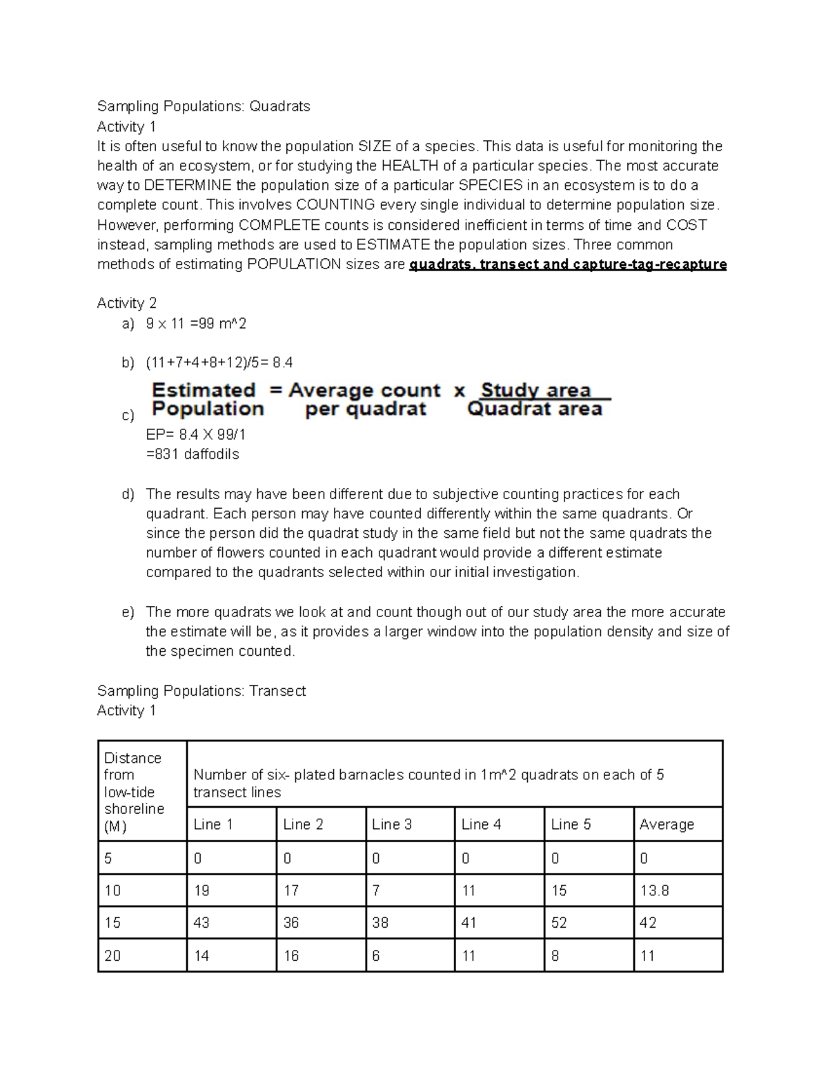 Bio Hw Sampling T Q - Sampling Populations: Quadrats Activity 1 It is ...