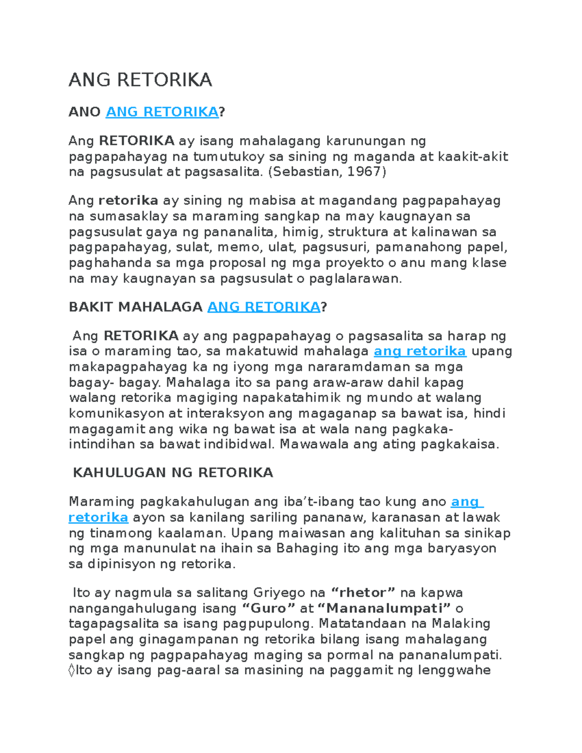 ANG Retorika - Lecture notes 1 - ANG RETORIKA ANO ANG RETORIKA? Ang ...