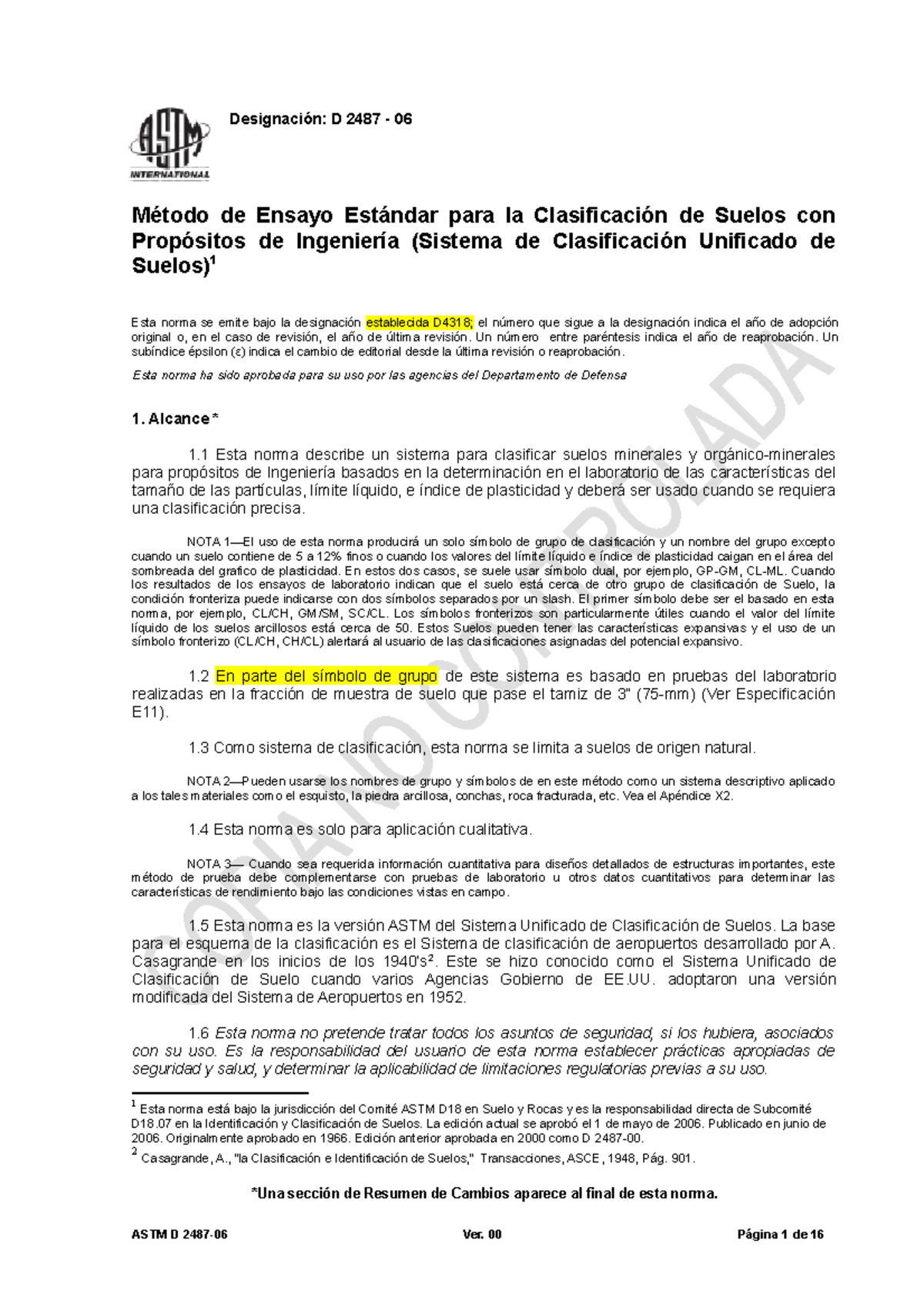 04 D2487-06 Clasificación SUCS - Designación: D 2487 - 06 Método de ...