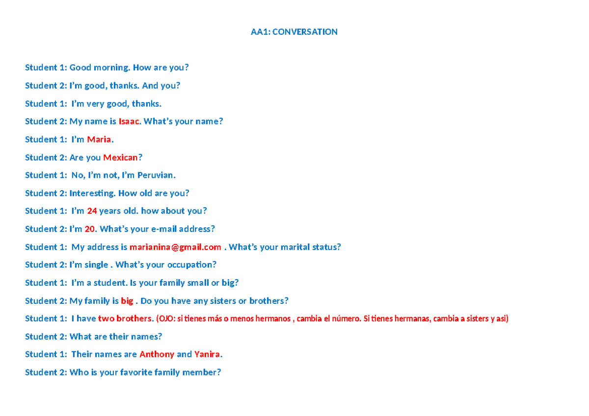 AA1 Modelo DE Conversación - AA1: CONVERSATION Student 1: Good morning ...