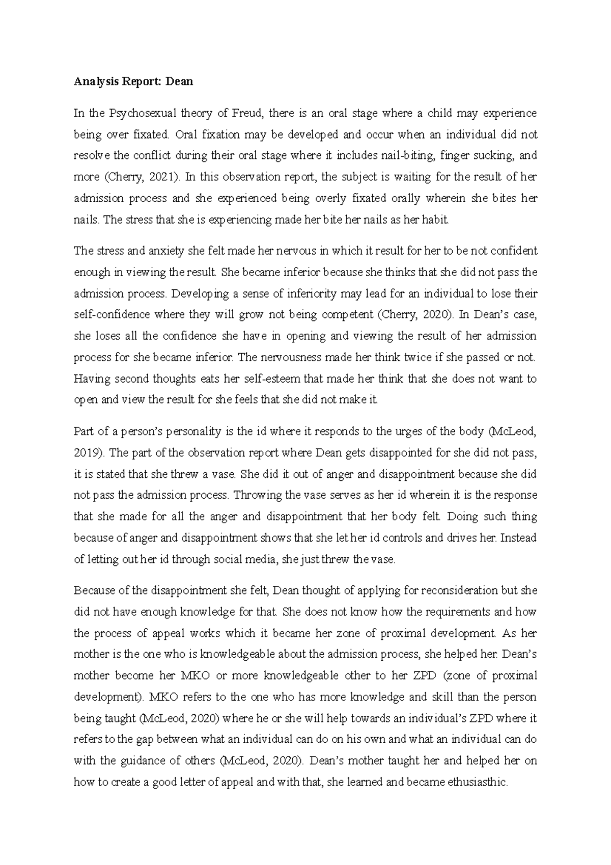 Analysis Report - n/a - Analysis Report: Dean In the Psychosexual ...