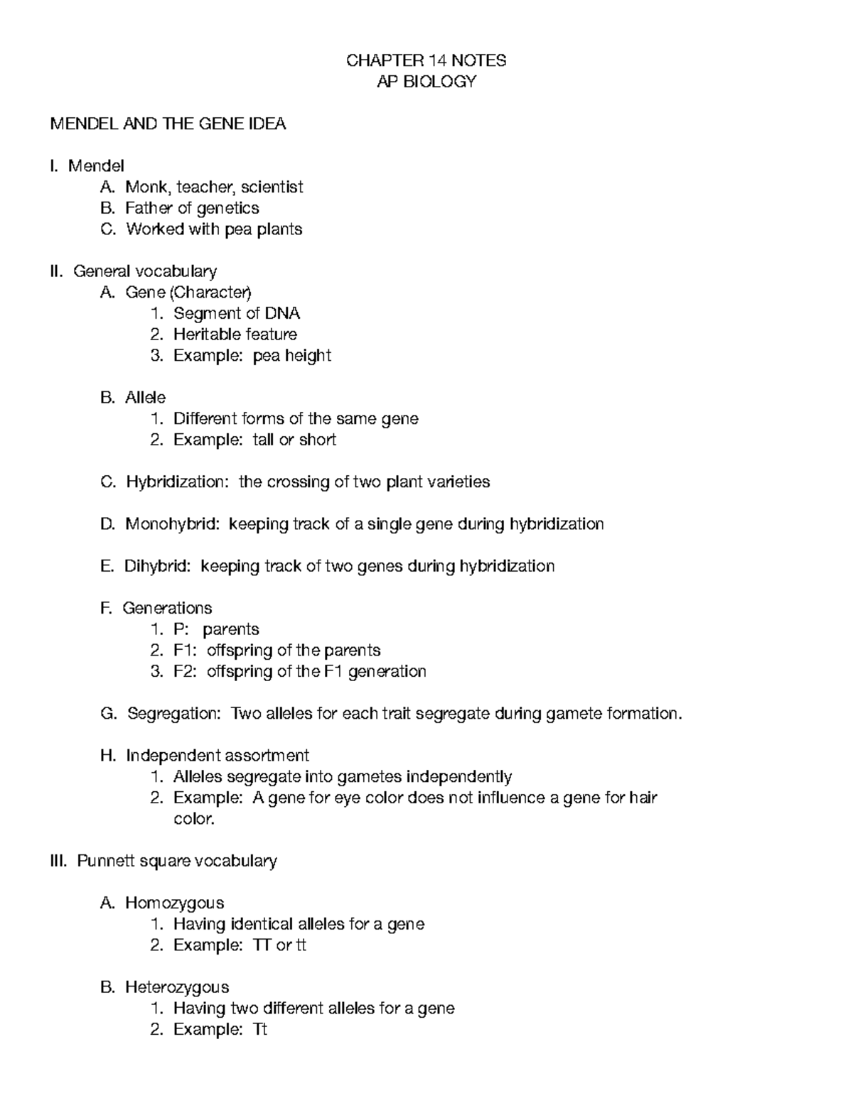 Chapter 14 notes: MENDEL AND THE GENE IDEA - CHAPTER 14 NOTES AP ...
