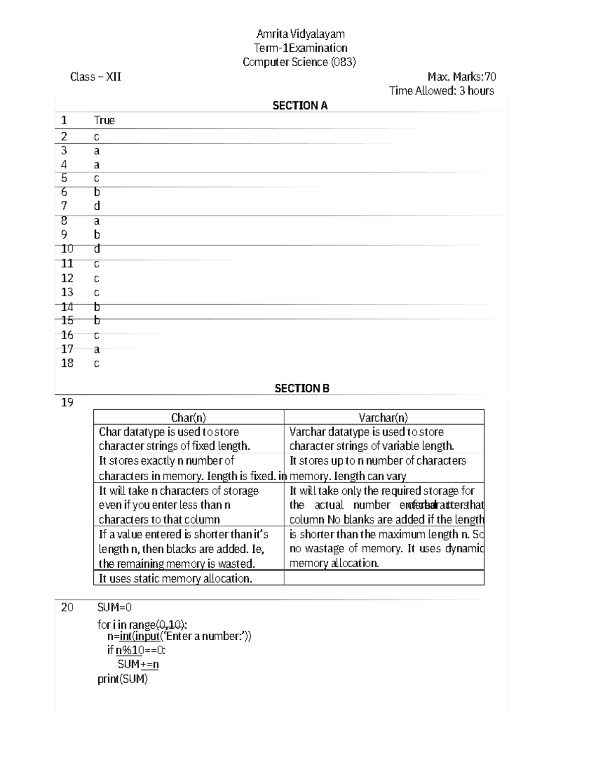 12 CS ANS KEY - Answer - Amrita Vidyalayam Term-1Examination Computer ...