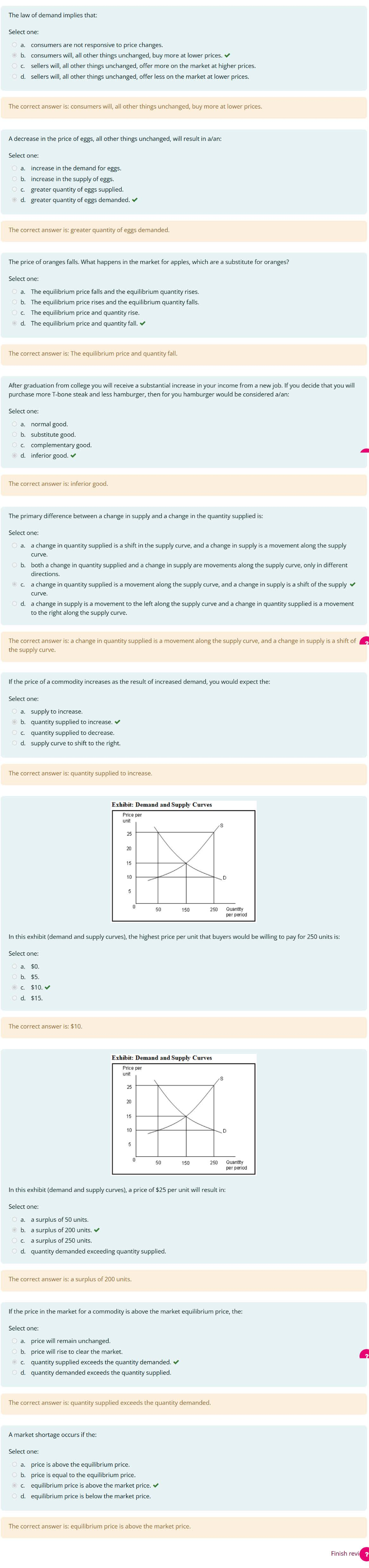 Self-Quiz Unit 2 - Chapter 3 - The law of demand implies that: Select ...