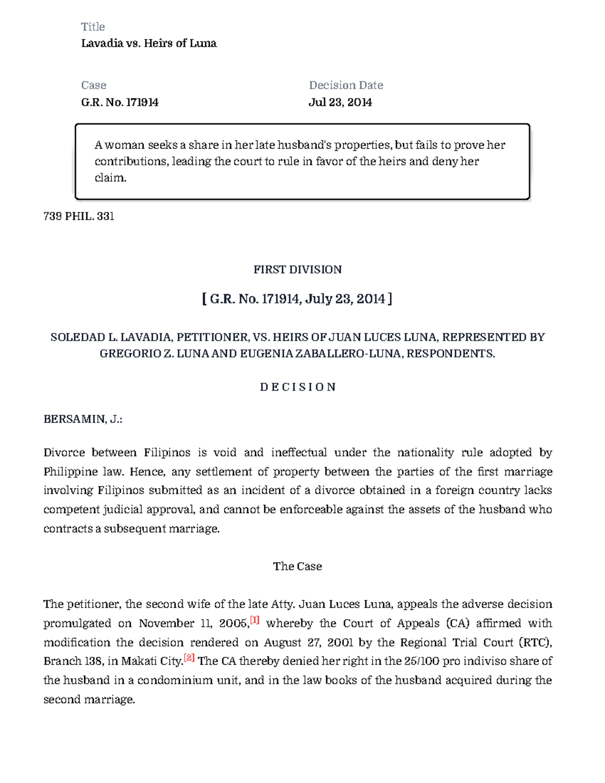 9. G.R. No. 171914 - Lavadia vs. Heirs of Luna - Title Lavadia vs ...