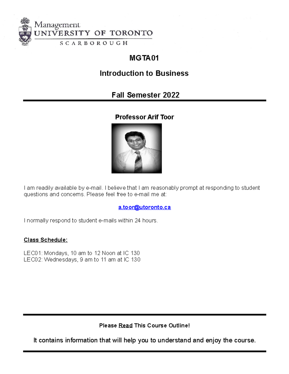 MGTA01 - Outline Fall 2022 - MGTA Introduction to Business Fall Semester 2022 Professor Arif ...