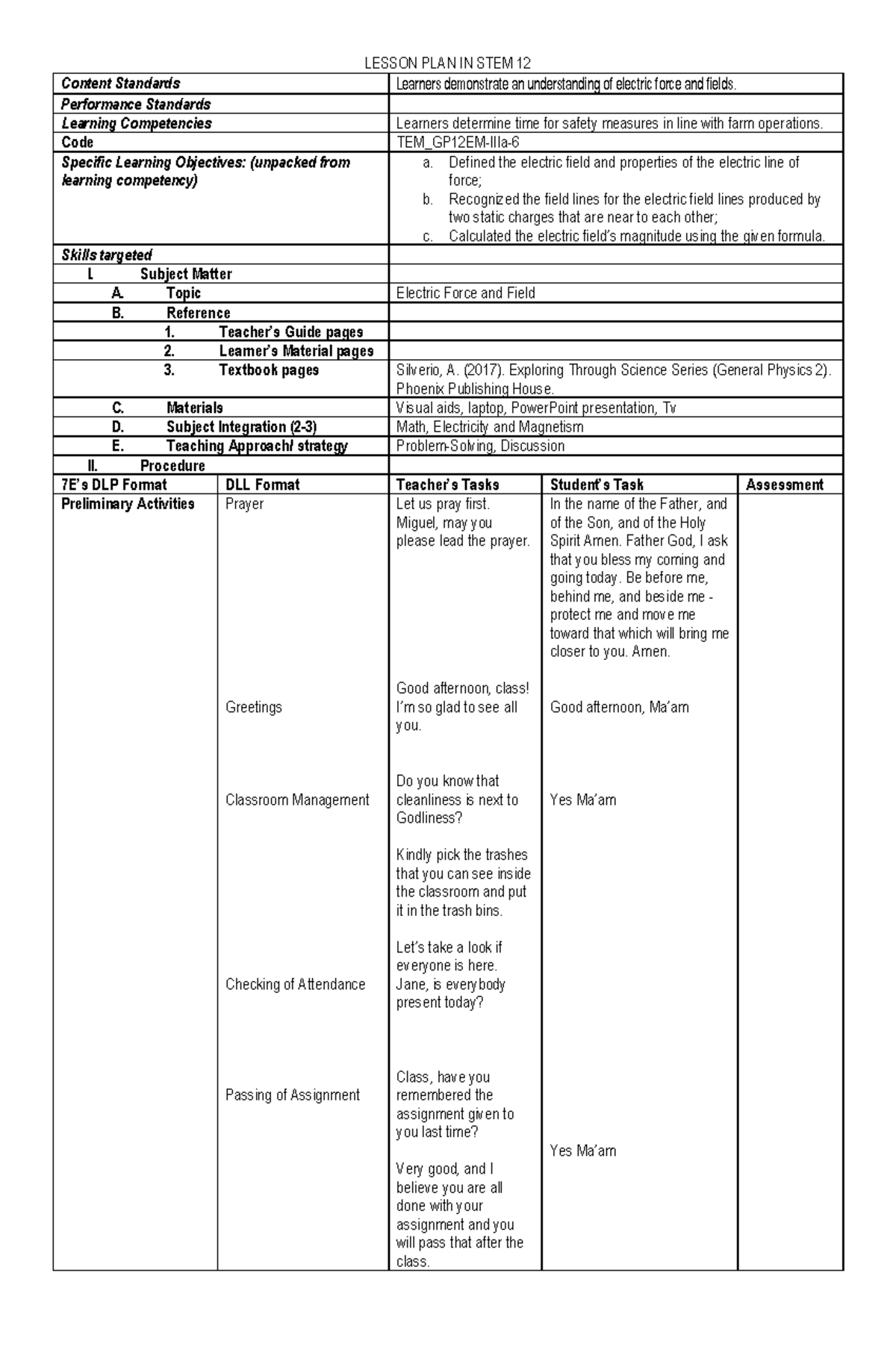 Electric filed and Force Gen Phy 2 LP - LESSON PLAN IN STEM 12 Content ...