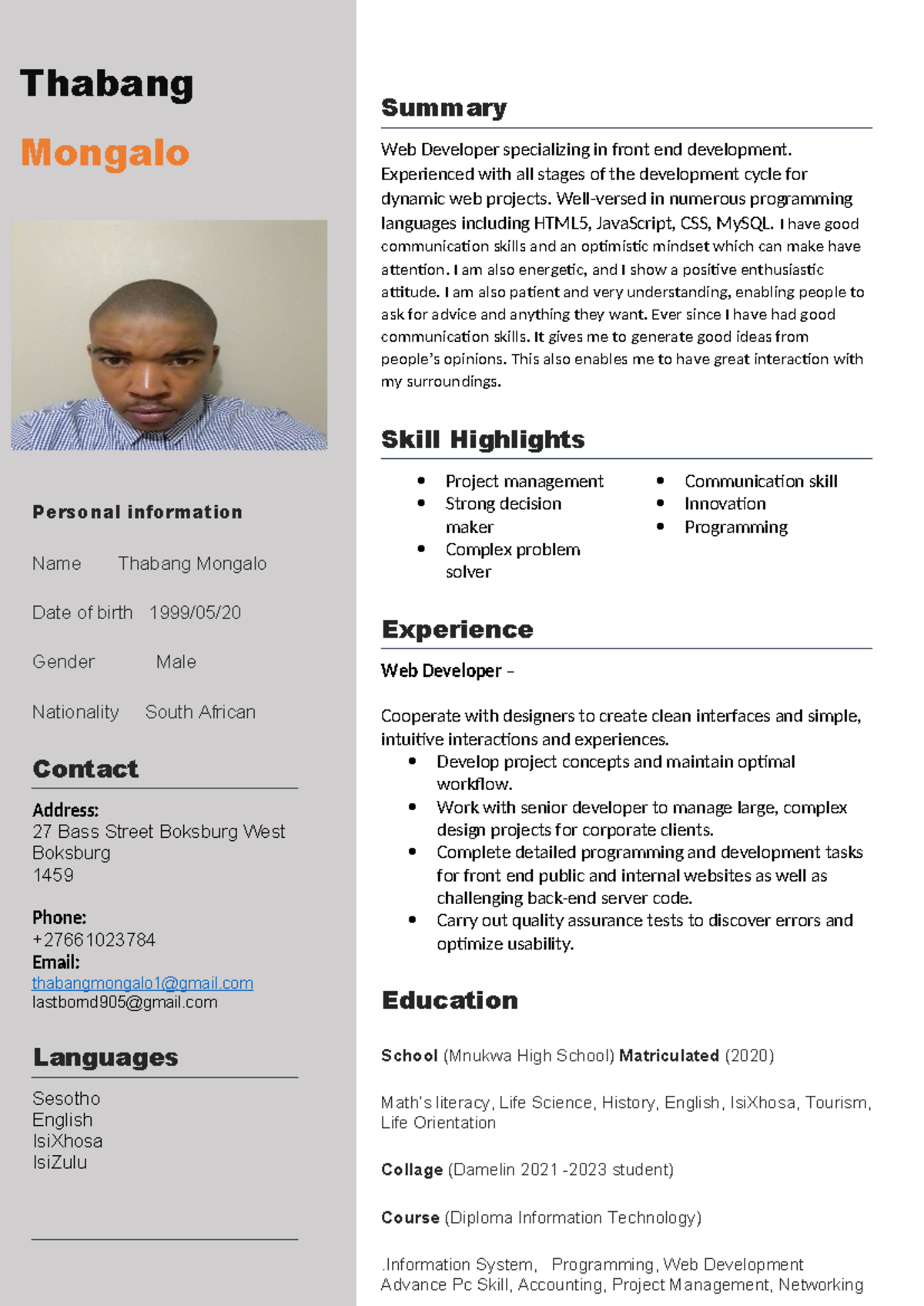 Coolfreecv resume en 03 n - Thabang Mongalo Personal information Name ...