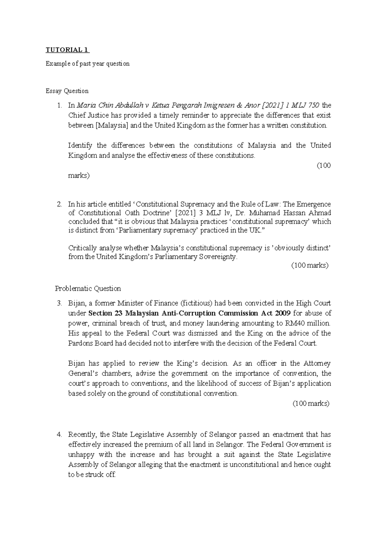 LLB103A - Consti A - Tutorial 1 - TUTORIAL 1 Example of past year ...