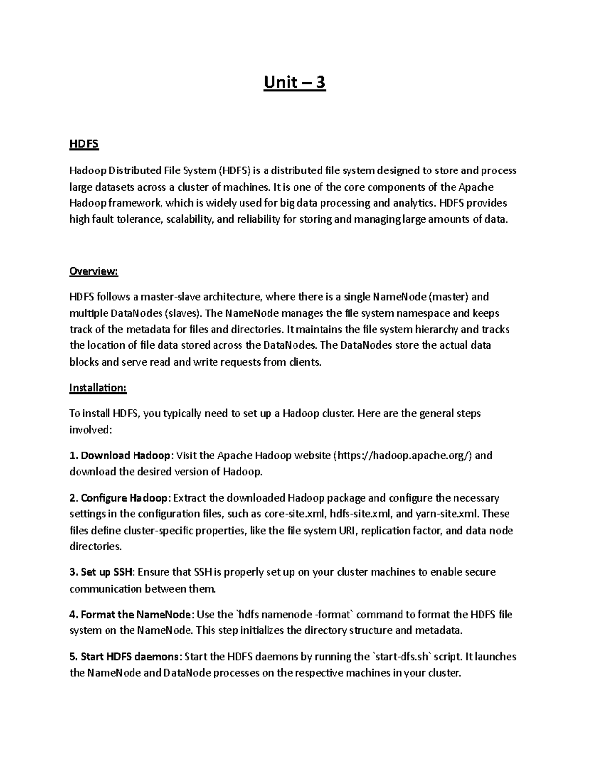 BDA UNIT 3 - bda - Unit – 3 HDFS Hadoop Distributed File System (HDFS) is a distributed file ...