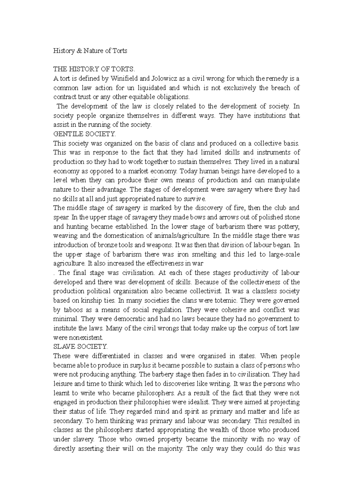 Nature AND History OF TORT LAW - History & Nature of Torts THE HISTORY ...