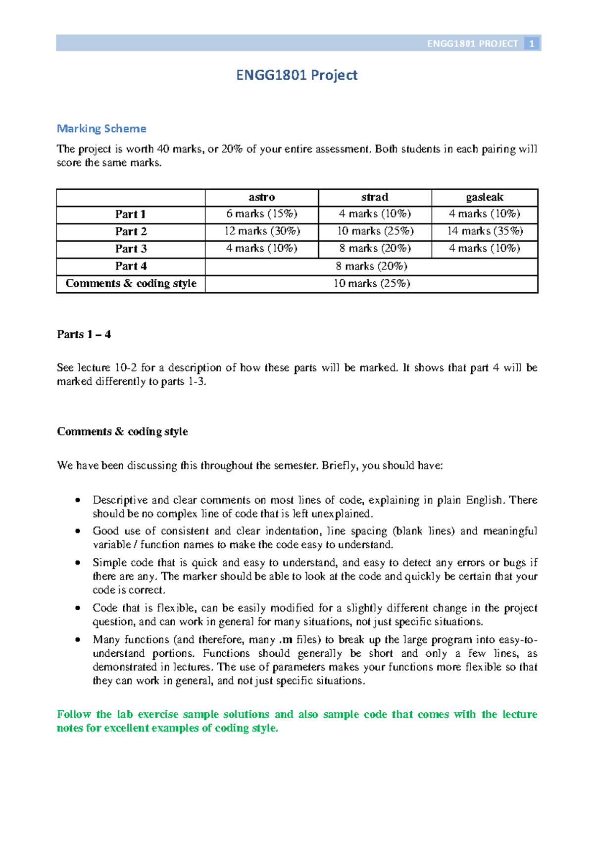 Seminar Assignments Matlab Project Questions Marking Scheme Engg1801 Project 1 Engg1801 