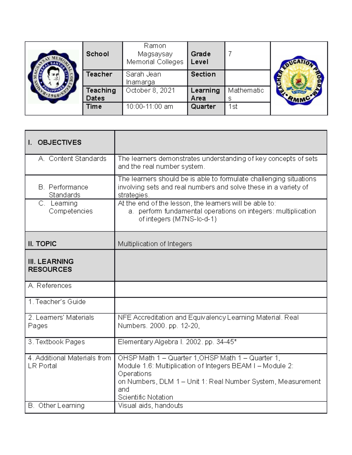 Lesson Plan for Grade 7 Students - BSED English - RMMC - Studocu