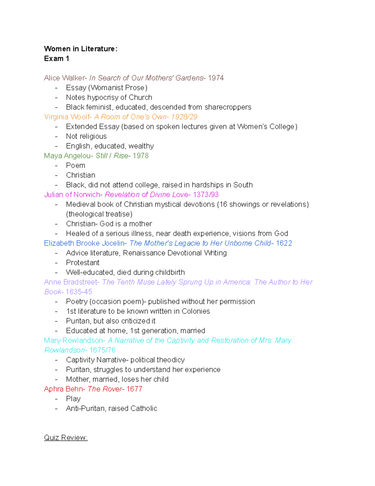 Women in Lit- Exam 1 - Review for exam 1 (part 1 of the course) - Women ...