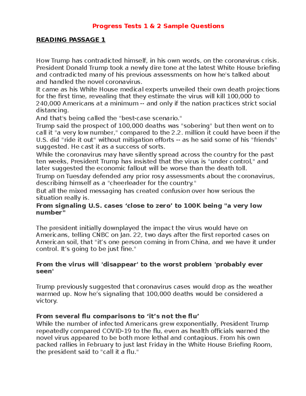 Progress Tests 12 Sample Reading - Progress Tests 1 & 2 Sample ...