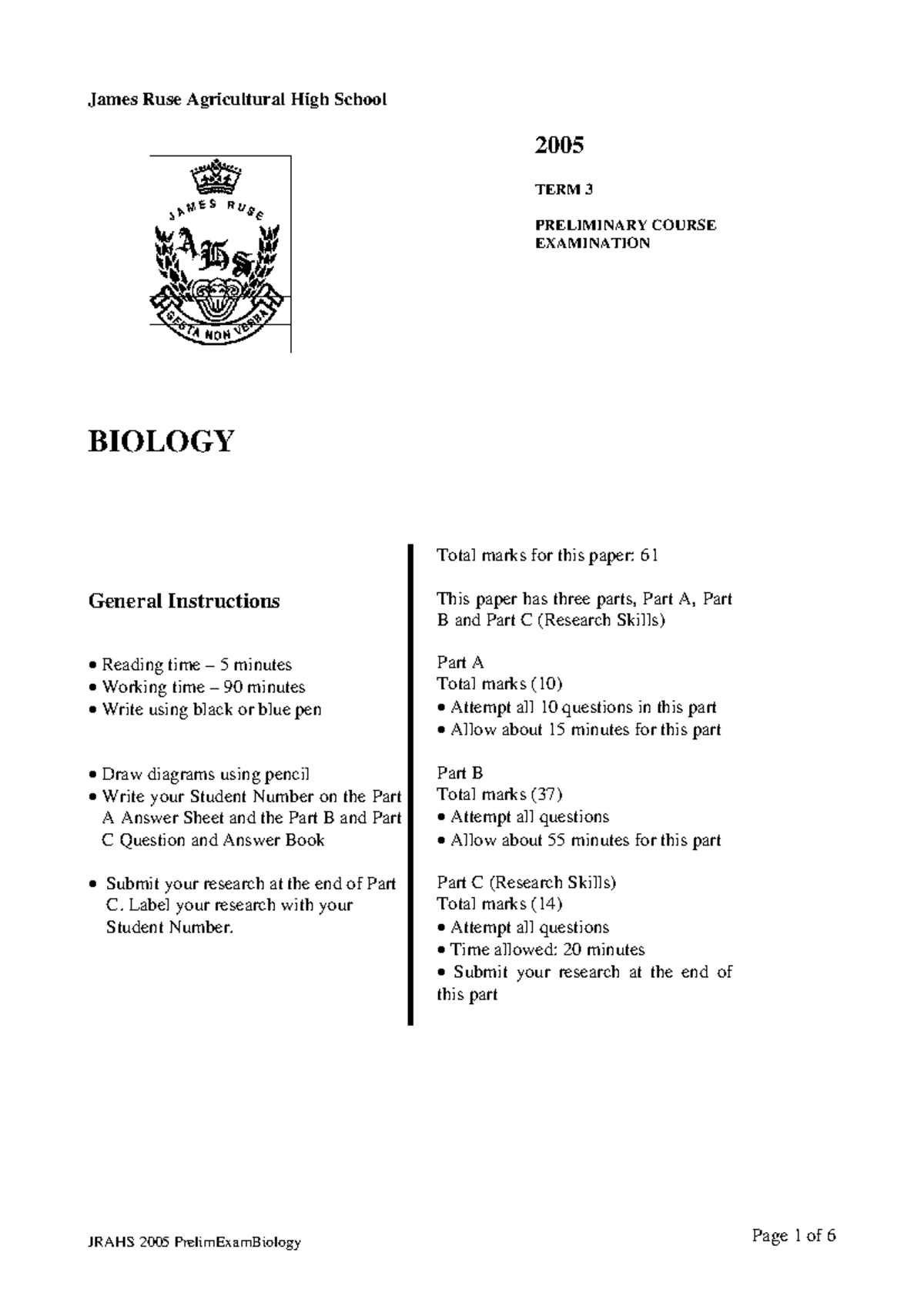 2005 P BIO - James Ruse - Prelim Yearly Exam Paper - James Ruse ...