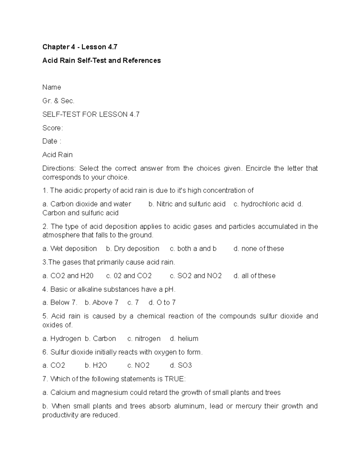 Acid Rain Self Test and References - Chapter 4 - Lesson 4. Acid Rain ...